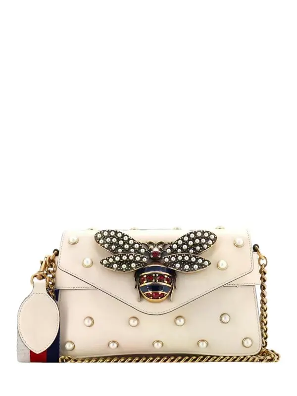 Gucci Broadway Pearly Bee Embellished Leather Mini Shoulder Bag - Neutrals