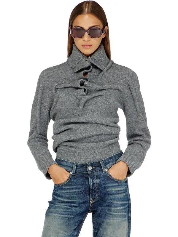 DIESEL® Button-neck Jumper In Wrinkled Boiled Knit - Grey