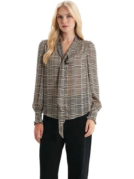 FINERY LONDON Mavis Printed Chiffon Blouse - Beige Houndstooth