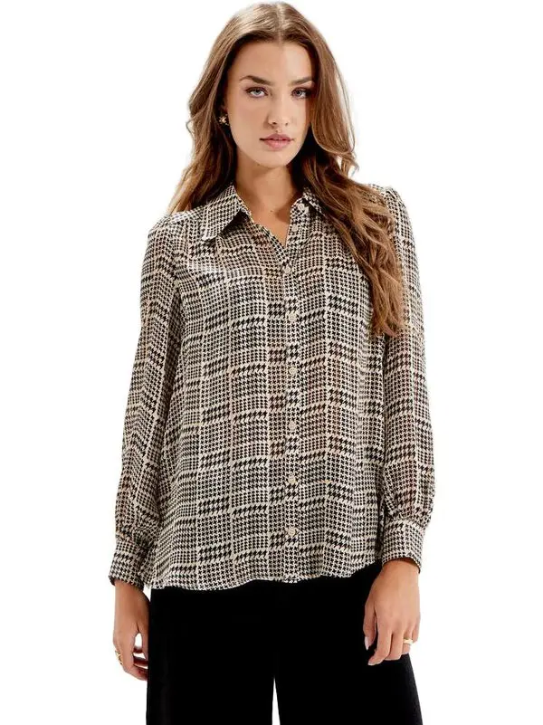 FINERY LONDON Melina Printed Chiffon Blouse - Beige Houndstooth