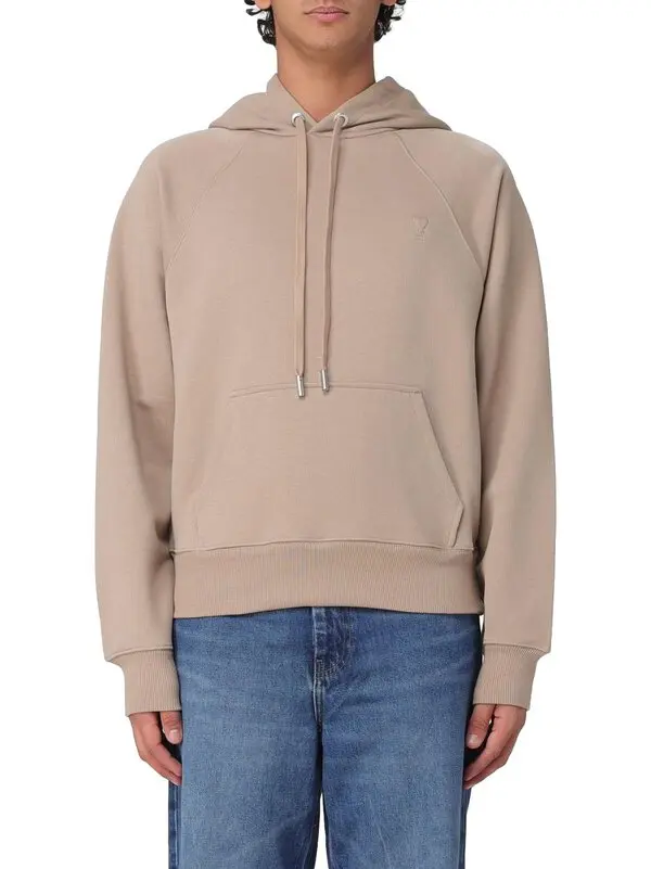 AMI Paris Cotton Hoodie With Kangaroo Pocket - Mastic
