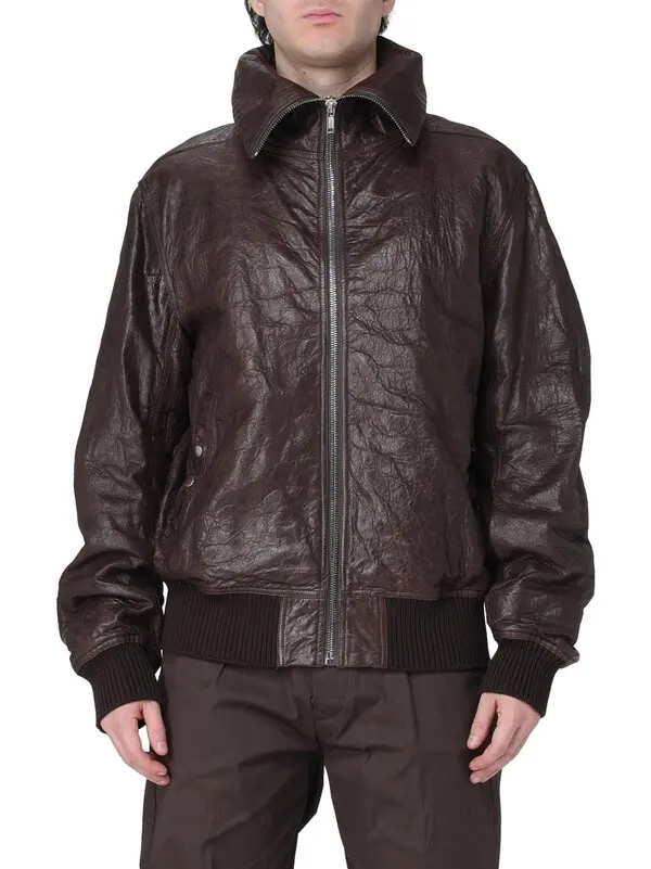 Rick Owens Leather Bomber Jacket With Crinkled Effect And High Neck - Grey