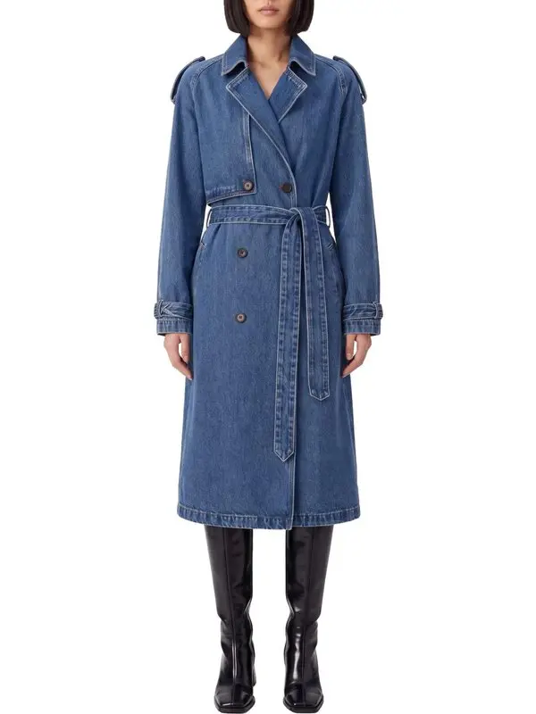 ANINE BING Long Double-breasted Trench Coat In Cotton Denim With A Waist Belt - Blue