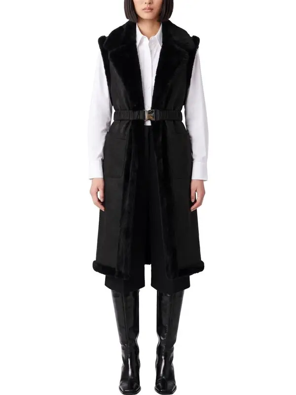 Liu Jo Long Faux Fur Robe Gilet With Belt - Black