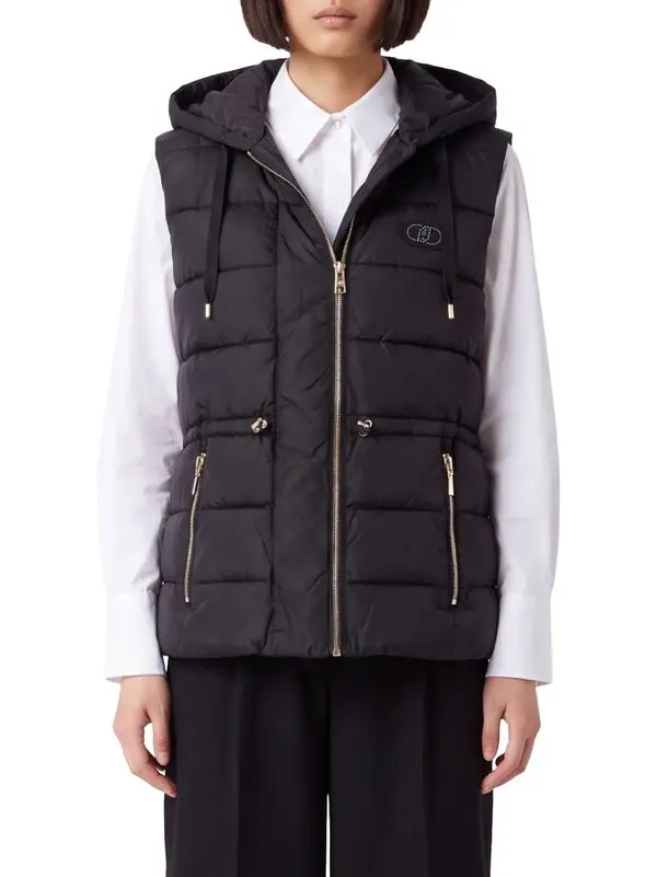 Liu Jo Quilted And Padded Nylon Vest With Hood And Rhinestone Logo - Black