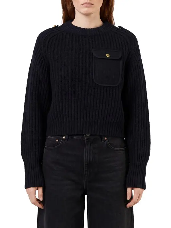 Pinko Wool And Alpaca Blend Jumper With Epaulettes And Pockets - Black
