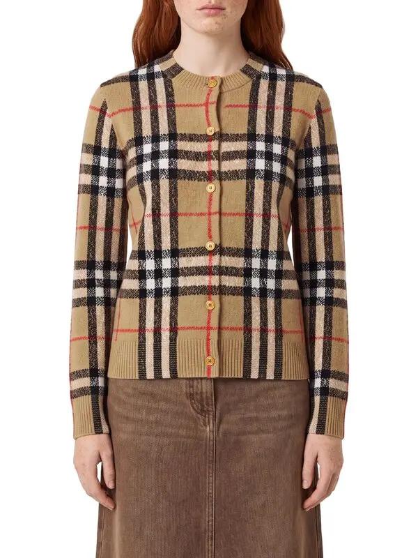 Burberry Vintage Check Cashmere Cardigan With A Crew Neck - Brown