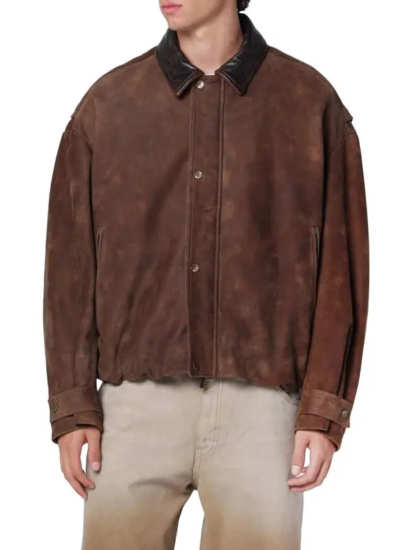 SALVATORE SANTORO Suede Leather Shirt Jacket With Classic Collar - Rust