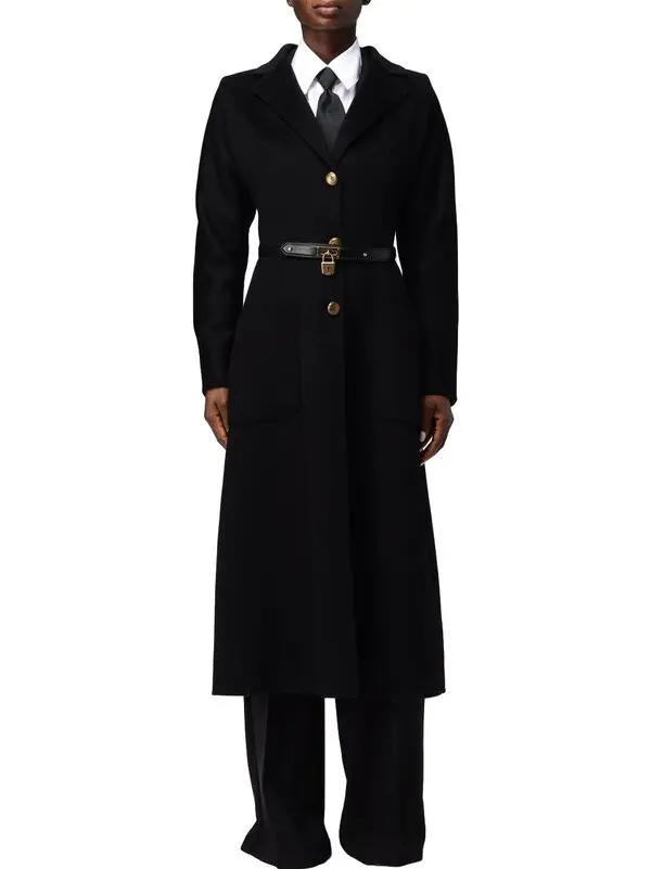 Elisabetta Franchi Single-breasted Long Pure Wool Coat With Waist Belt - Black