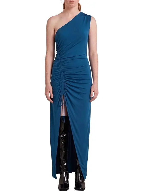 Balmain One-shoulder Stretch Viscose Long Evening Gown With Slit - Blue