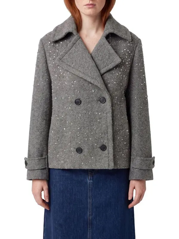GOLDEN GOOSE Double-breasted Short Coat In Virgin Wool With Crystal Embellishments - Grey