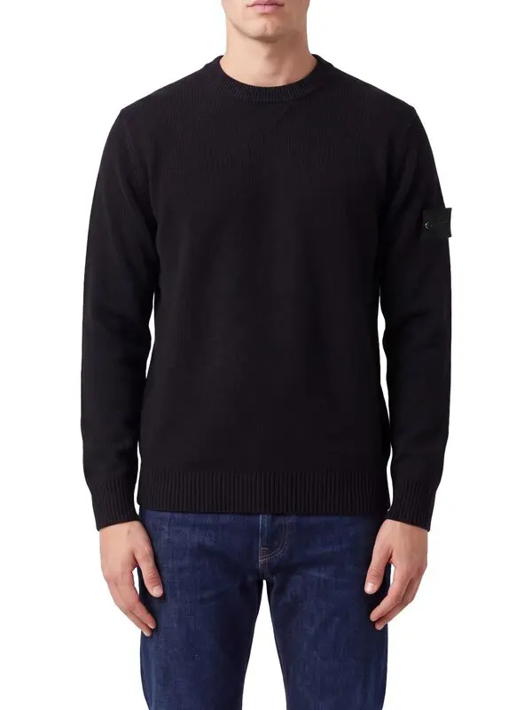 Stone Island Cotton Blend Crewneck Jumper With Compass Logo Patch - Black