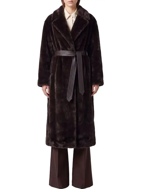 Pinko Long Robe Coat In Faux Fur With A Waist Tie Belt - Brown
