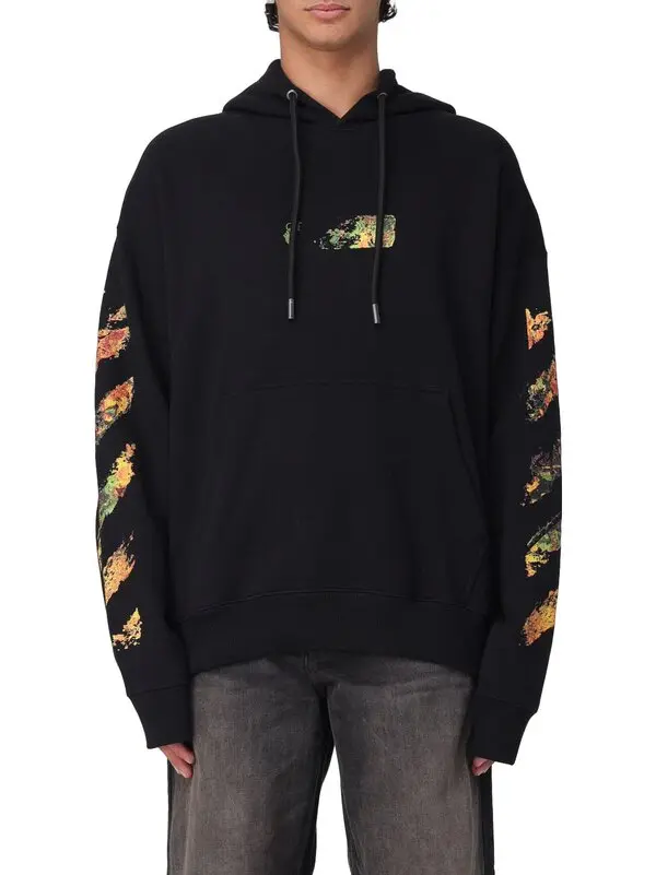 Off-White Relaxed Fit Cotton Hoodie With Arrow Logo And Diagonal Prints - Black