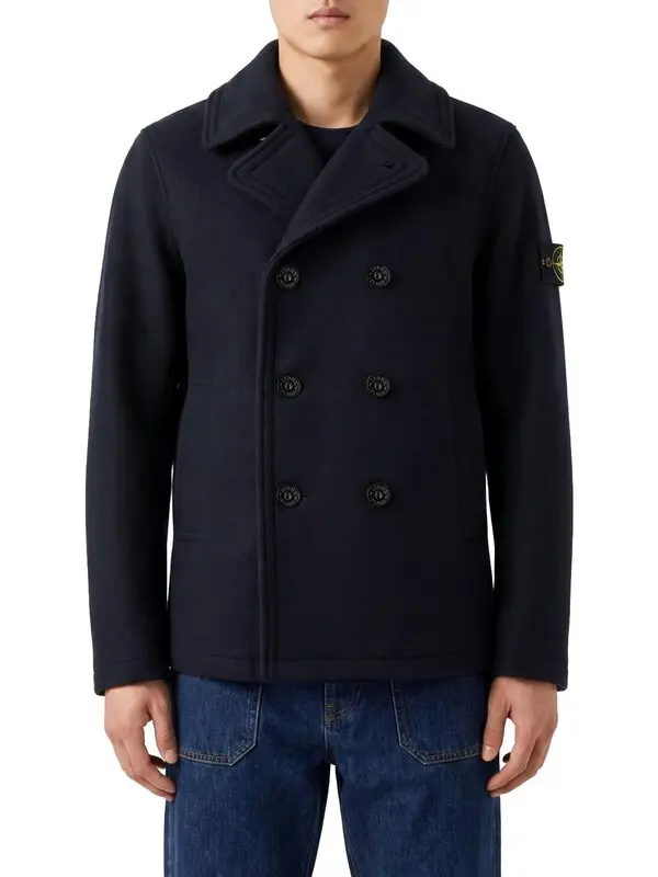 Stone Island Double-breasted Wool Peacoat With Compass Logo Patch - Navy