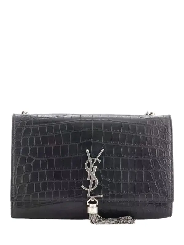 Saint Laurent Classic Monogram Tassel Crocodile Embossed Leather Medium Crossbody Bag - Black
