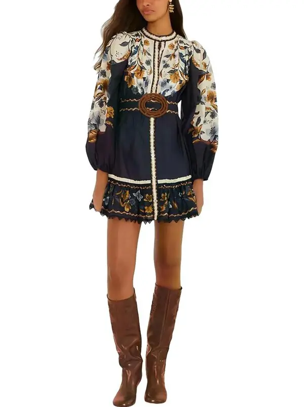 Farm Rio Floral-print Belted Mini Dress - Blue