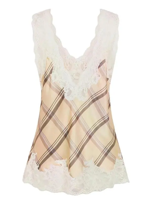 Rabanne Beige Tartan Print Silk Tank Top With Lace Detailing - Neutrals