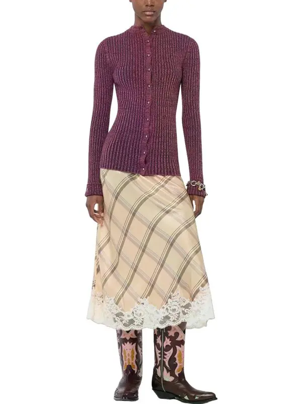 Rabanne Midi Skirt In Beige Tartan-print Silk Satin With Lace Trim - Neutrals