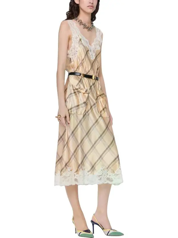 Rabanne Midi Dress In Beige Tartan Print Silk Satin With Lace Detailing - Neutrals
