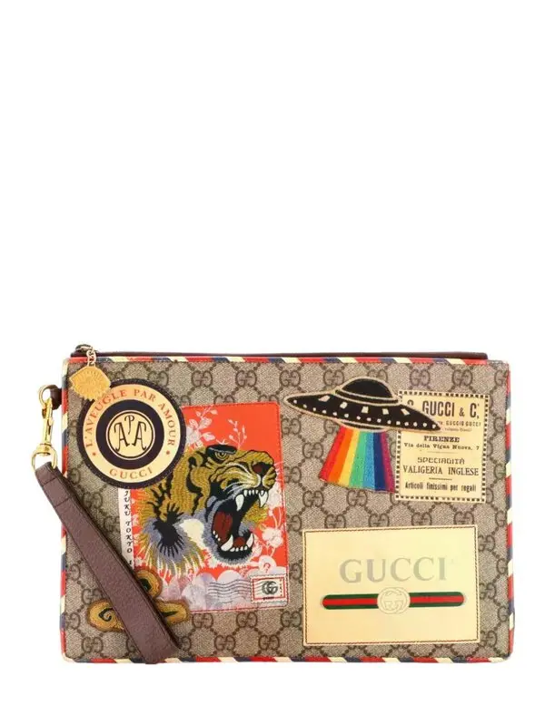 Gucci Courrier Pouch Gg Coated Canvas With Applique Clutch Bag - Brown