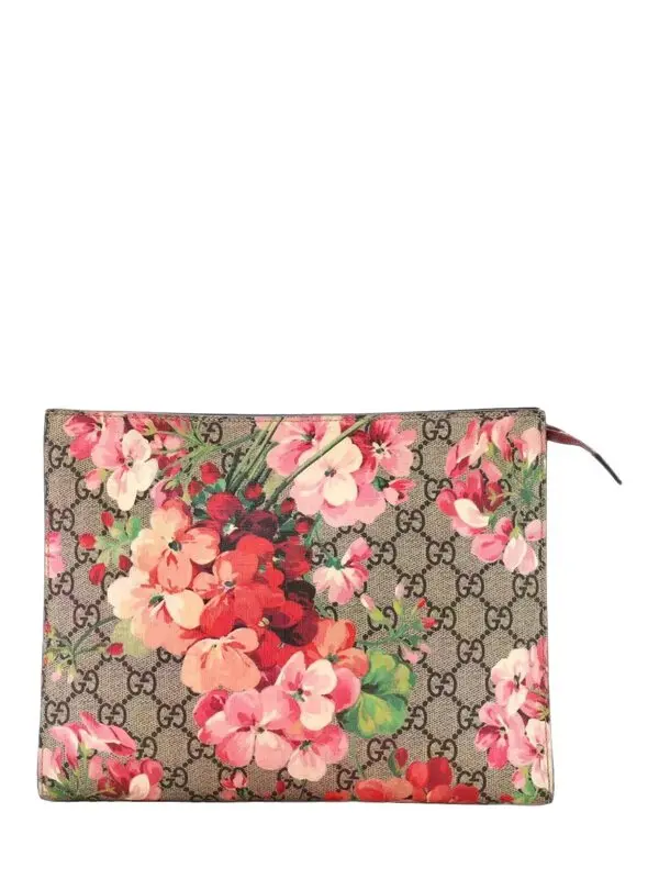 Gucci Toiletry Pouch Blooms Print Gg Coated Canvas Large Clutch Bag - Brown