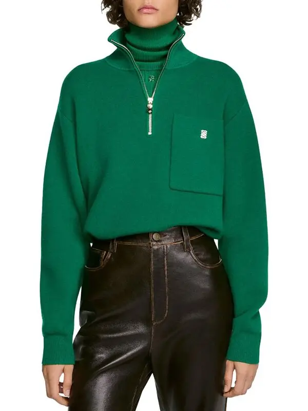 Sandro Mathea Wool Blend Half Zip Sweater - Green