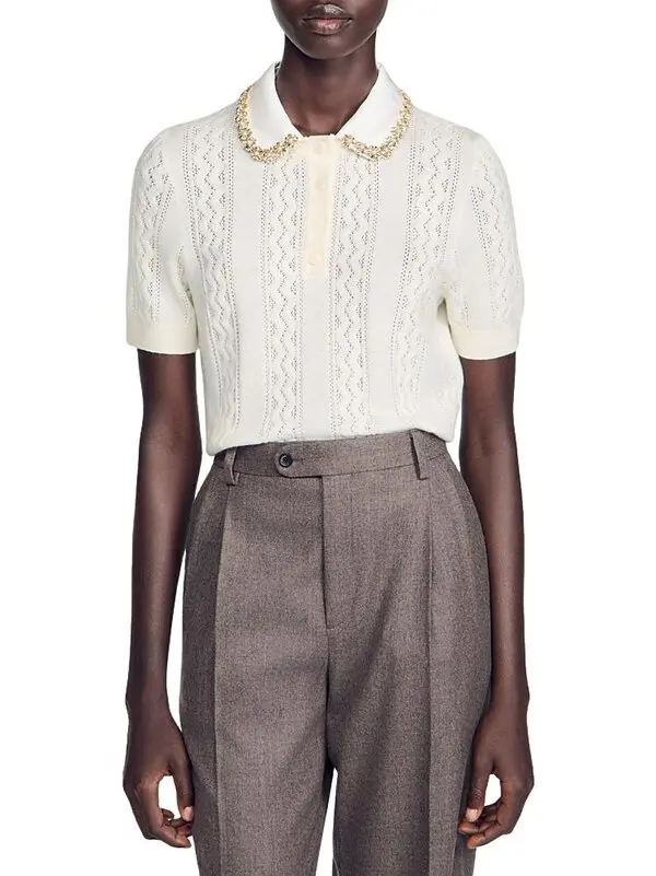 Sandro Mirabelle Wool Embellished Pointelle Sweater - Ecru