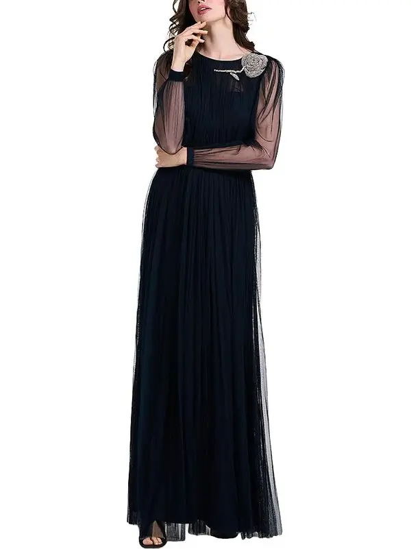 EMILY SHALANT Crystal Embellished Tulle Gown - Navy