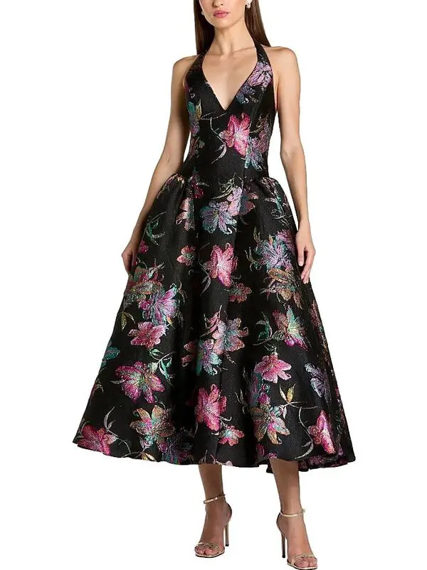 Mac Duggal Floral Brocade Halter Neck Open Back Midi Dress - Black Multi