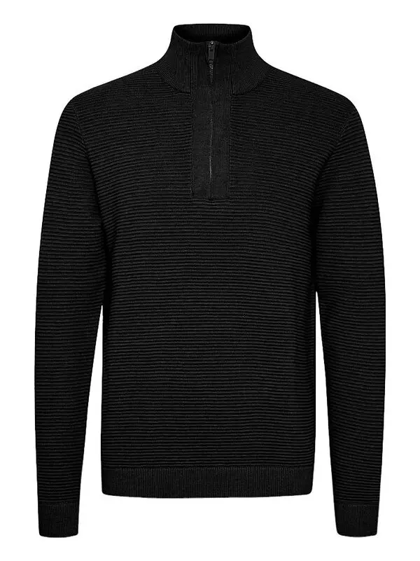 SOLID Cotton Ribbed Quarter Zip Stand Collar Sweater - Black