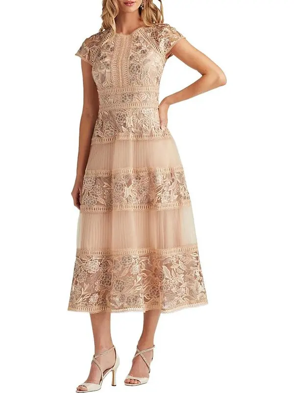 Tadashi Shoji Tamsin Embroidered Tulle Midi Dress - Pebble