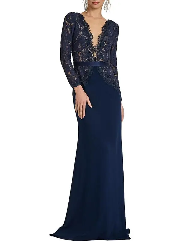 Tadashi Shoji Corwin Embroidered Illusion Gown - Navy/nude