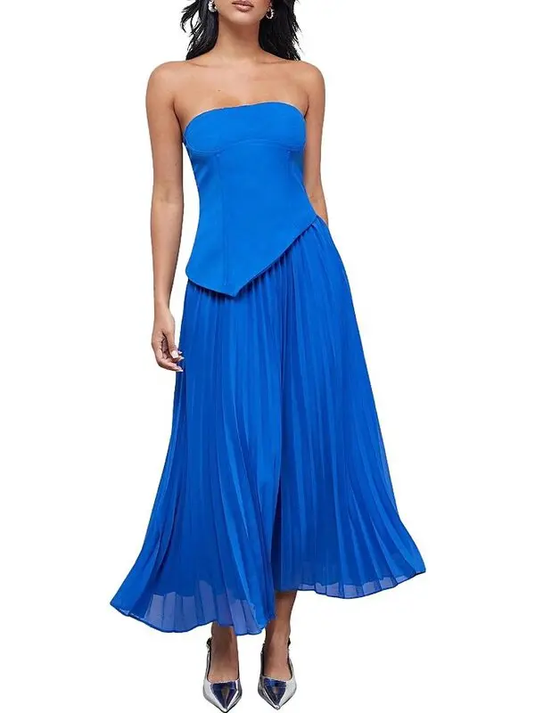 WAREHOUSE Bandeau Bodice Pleated Midi Dress - Cobalt