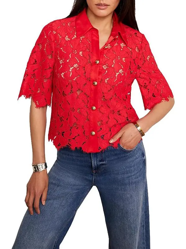 Mint Velvet Lace Short Sleeve Cropped Shirt - Red