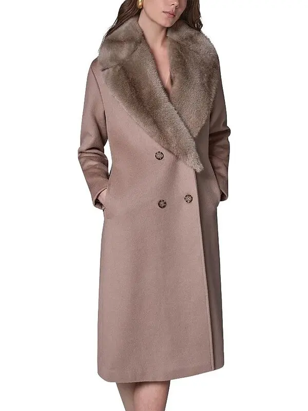 Dkny Faux Fur Collar Double Breasted Coat - Camel