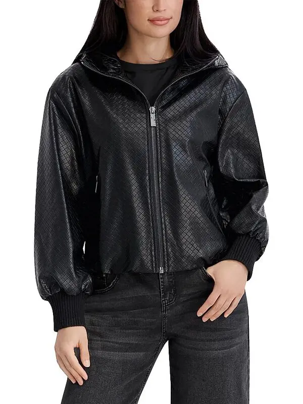 KENNETH COLE Hooded Faux Leather Blouson Jacket - Black