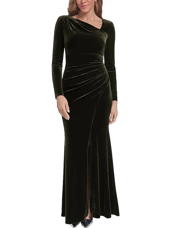 Eliza J Asymmetric Velvet Gown - Olive