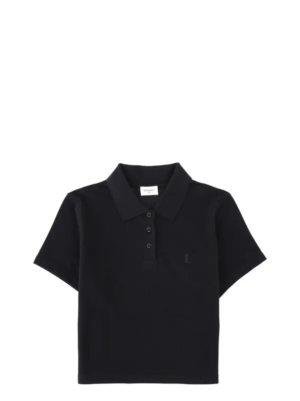 Saint Laurent Polo Corta Cassandre In Piqué Di Cotone - Black