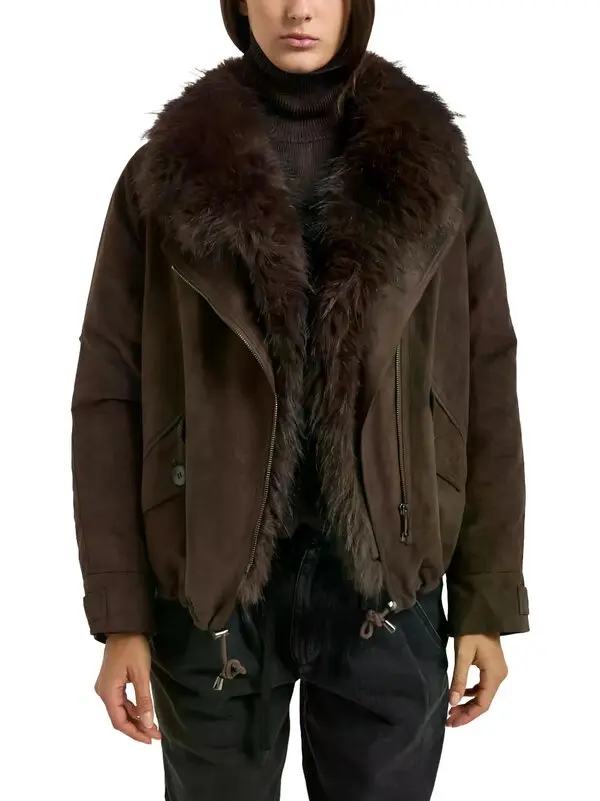 VALENTINI Faux-fur Trim Zip-up Jacket - Brown