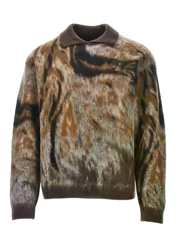 Emporio Armani Abstract-print Polo-collar Sweater - Brown