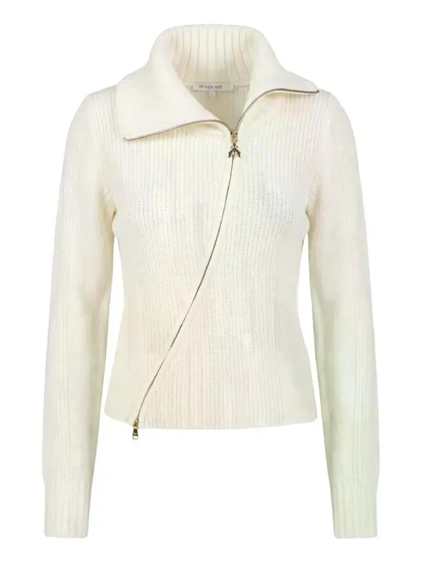 Patrizia Pepe Asymmetric-zip Ribbed-knit Cardigan - Neutrals