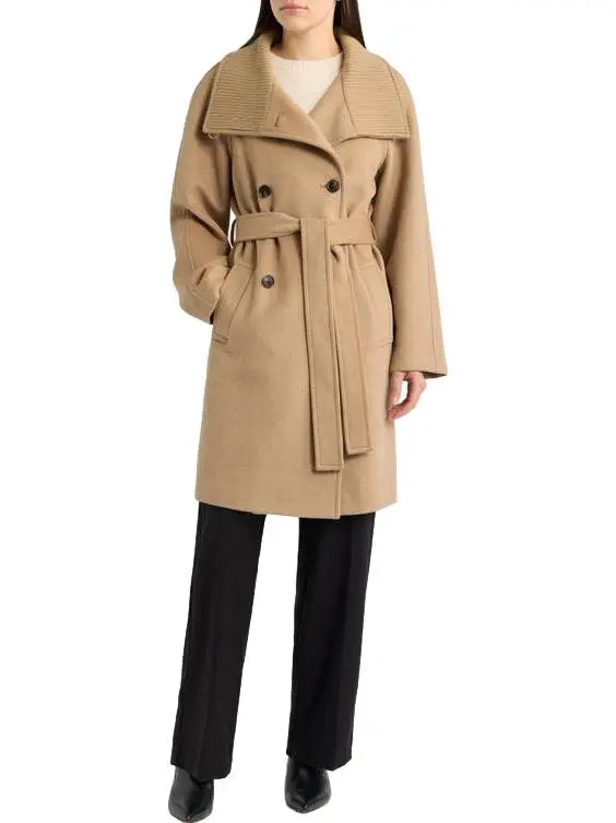 Calvin Klein Wool Blend Wrap Coat With Rib Wing Collar - Camel