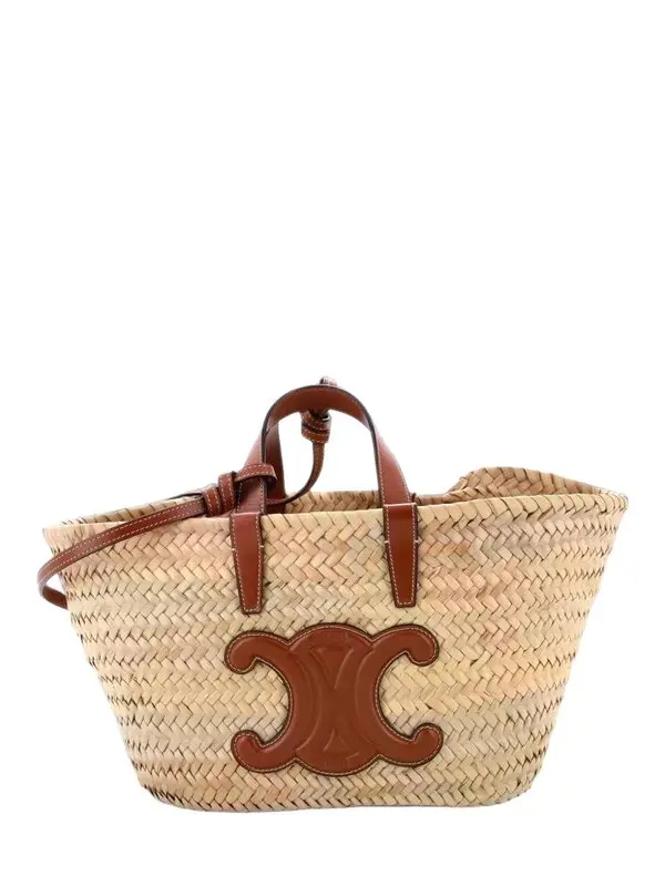 Celine Triomphe Basket Shoulder Bag Raffia With Leather Medium Tote Bag - Brown