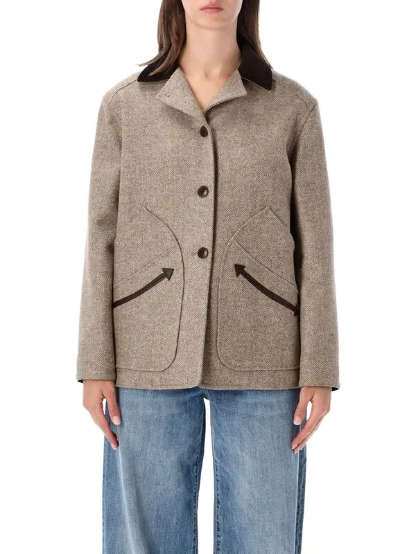 FORTELA Herringbone Button-front Jacket With Corduroy Collar - Beige
