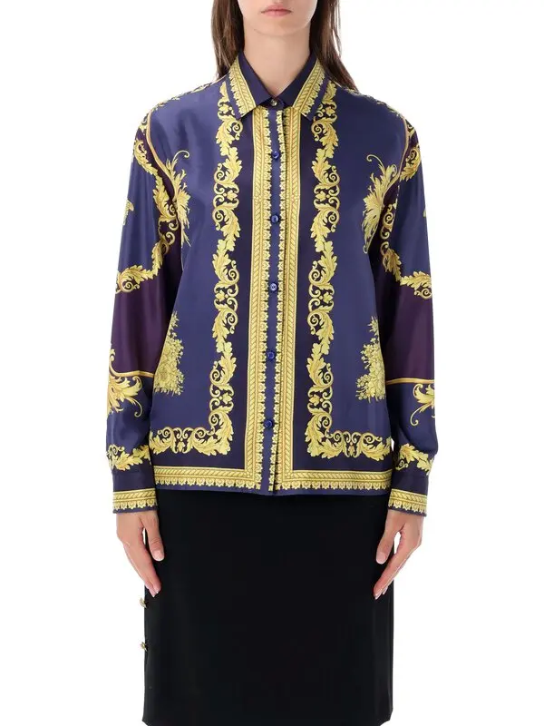 Versace Baroque Print Silk Button-up Shirt - Blue Multi