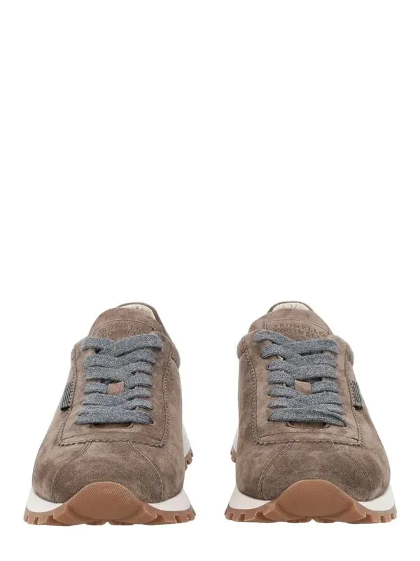 Brunello Cucinelli Runner Sneakers In Suede Leather With Shiny Tab - Brown