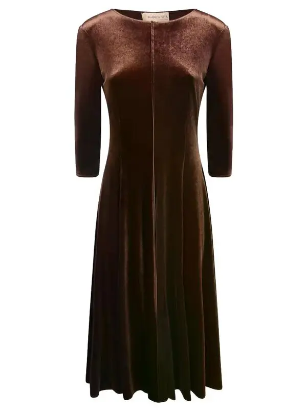 BLANCA VITA Velvet Flared Midi Dress - Brown