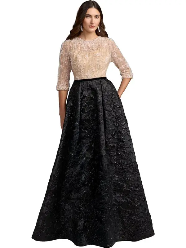 Mac Duggal Beige And Black Embellished Brocade Gown With 3/4 Sleeves - Beige Black