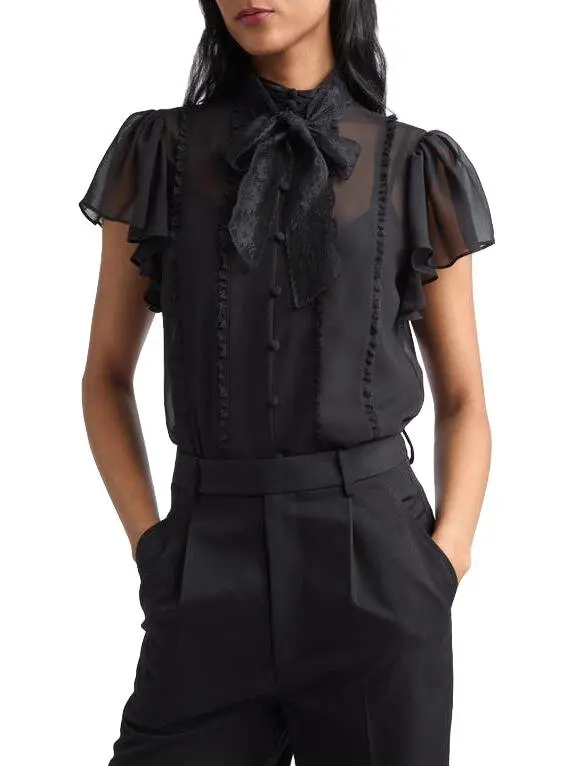Cinq À Sept Virelle Lace Trim Tie Neck Top - Black